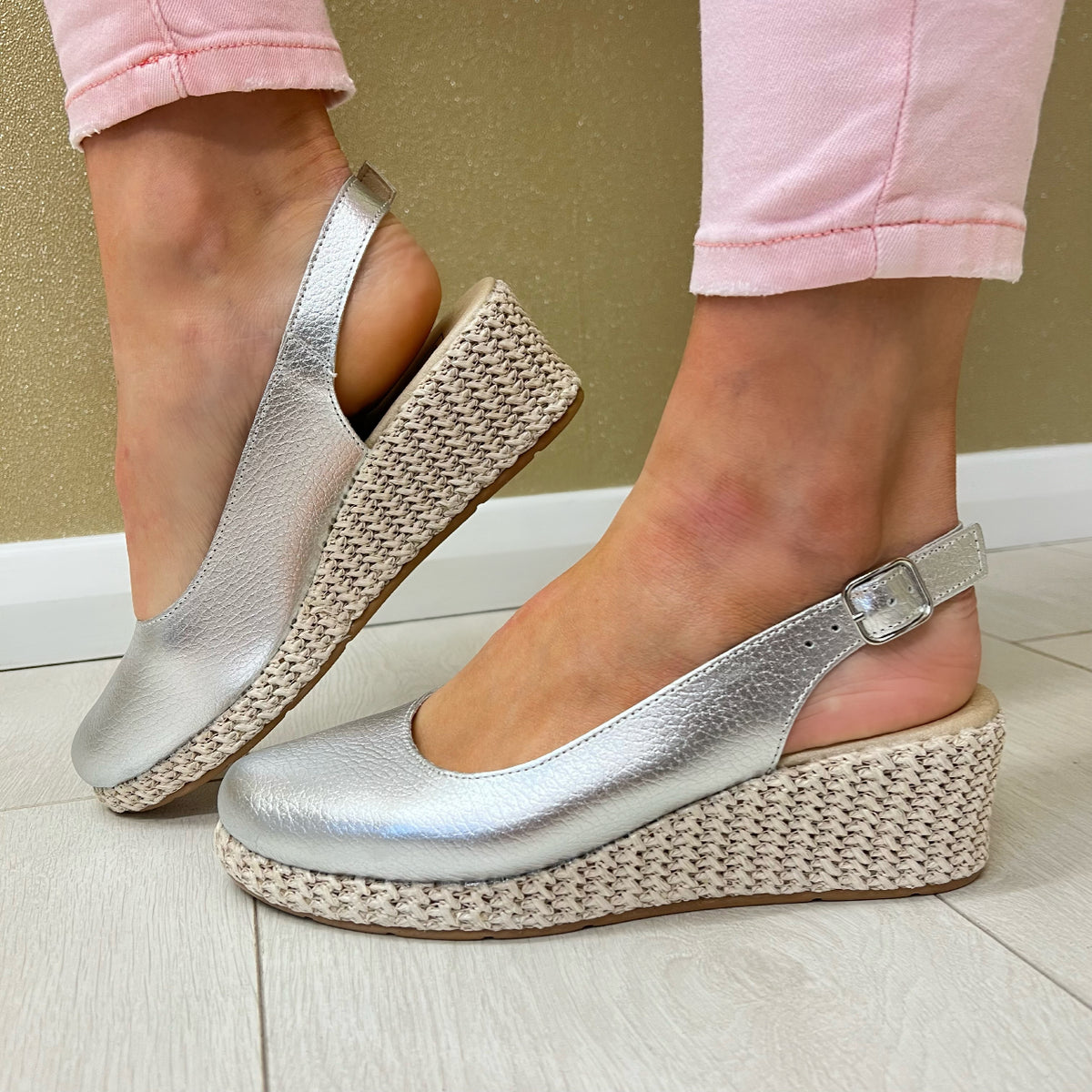Pitillos Ladies Silver Leather Espadrille Low Wedge Sandal 10625 – SM Shoes
