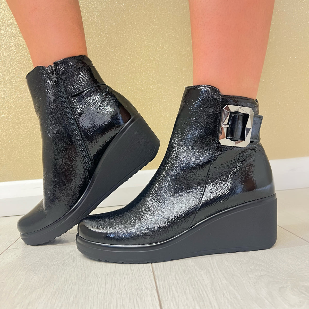 Pitillos Ladies Black Patent Leather Wedge Ankle Boot 20233 – SM Shoes