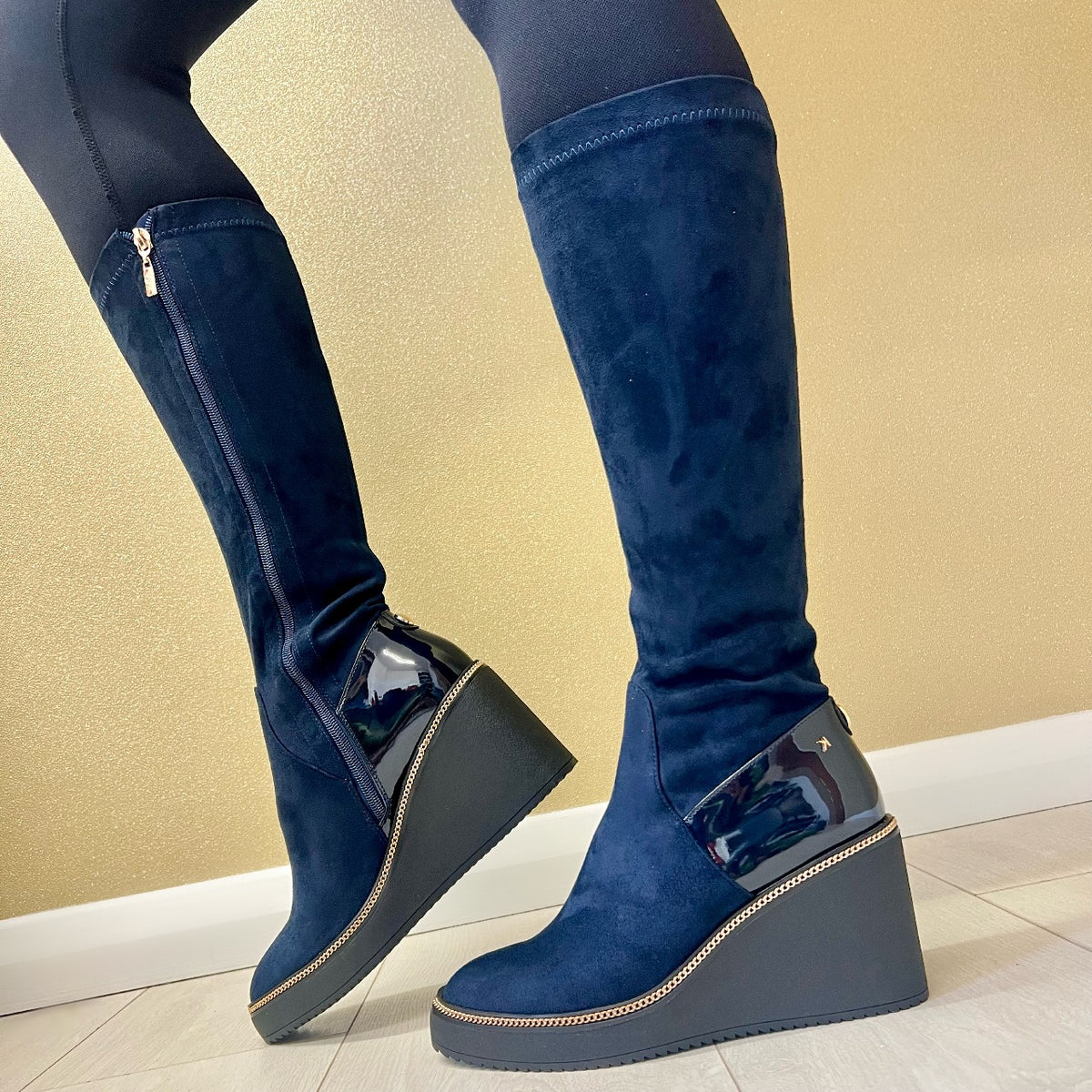 Kate Appleby Ladies Navy Faux Suede Sparkle Wedge Knee Boot CAILEDUN ...